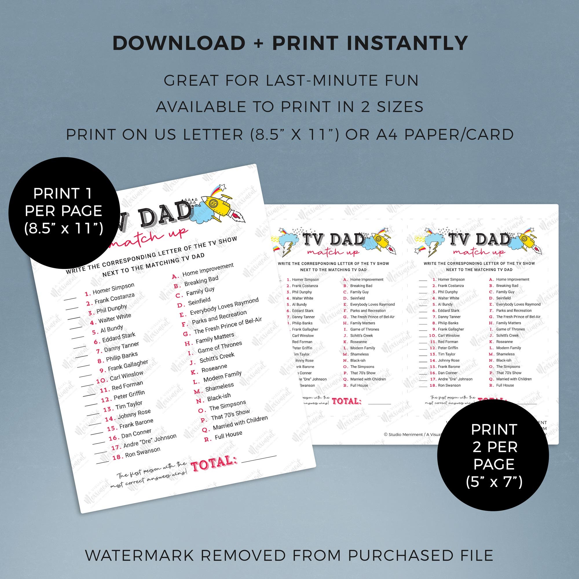 Father's Day Printable Game, TV Dad Match up Activity | Famous ...