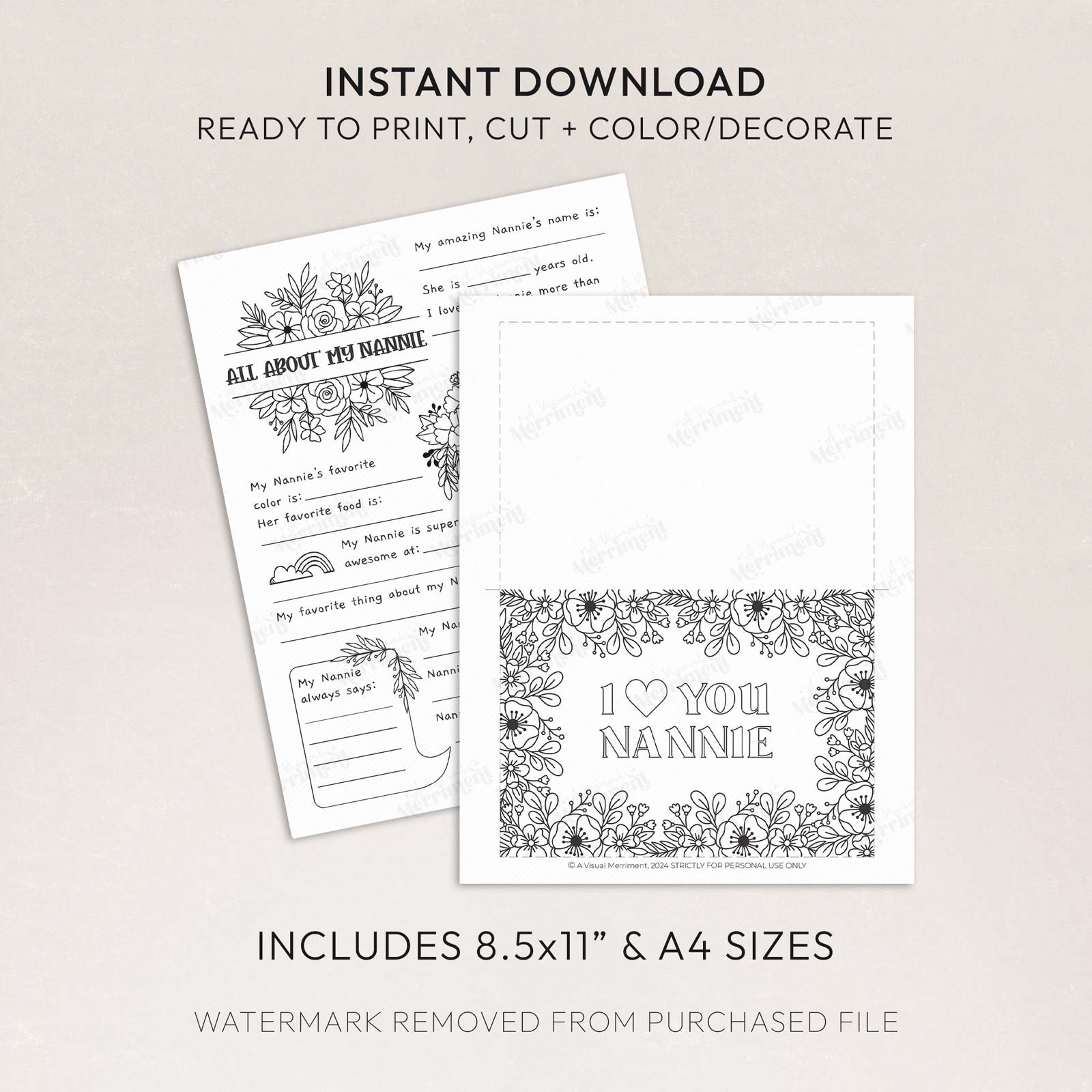 Printable Coloring Grandmother Card + All About Nannie Bundle | Happy ...