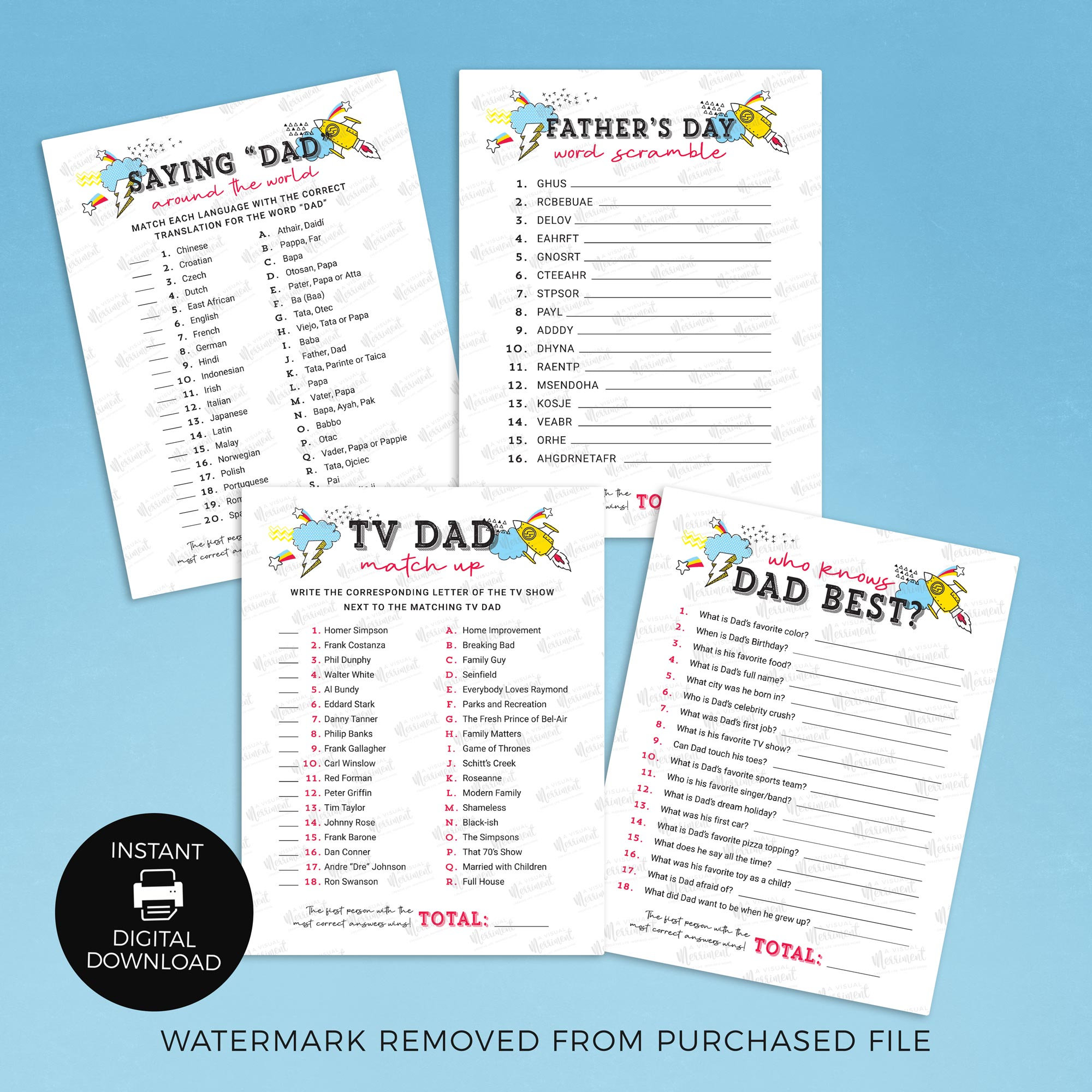 Printable Fathers Day Games Bundle X8: Kids, Teen, Adult and Family Fun ...