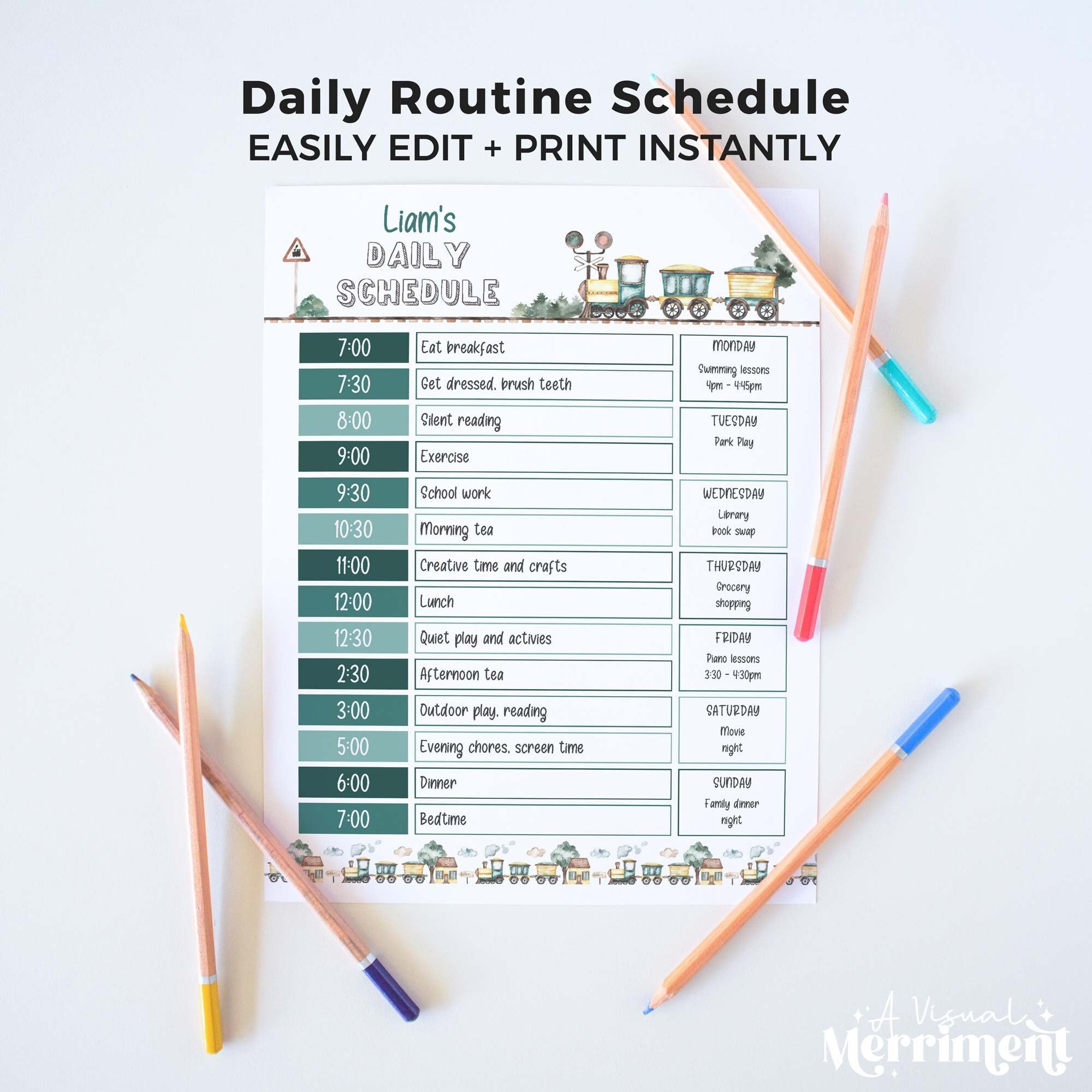 Vintage Train Daily Schedule Chart for Kids, Editable Printable | Daily ...