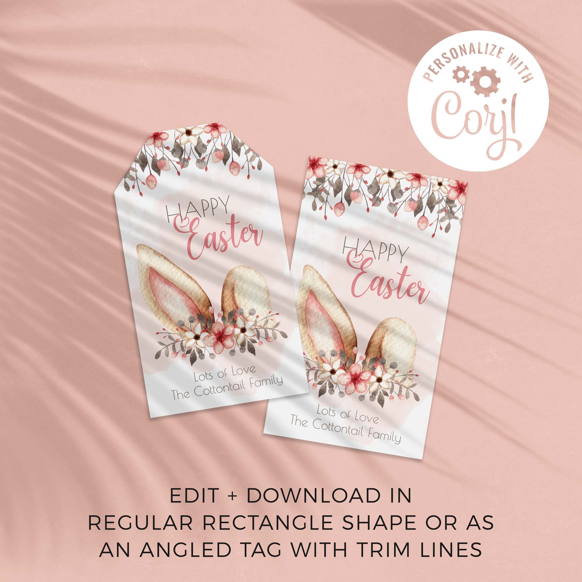 Happy Easter Gift Tag Template, Watercolor Flower Bunny Ears Editable ...