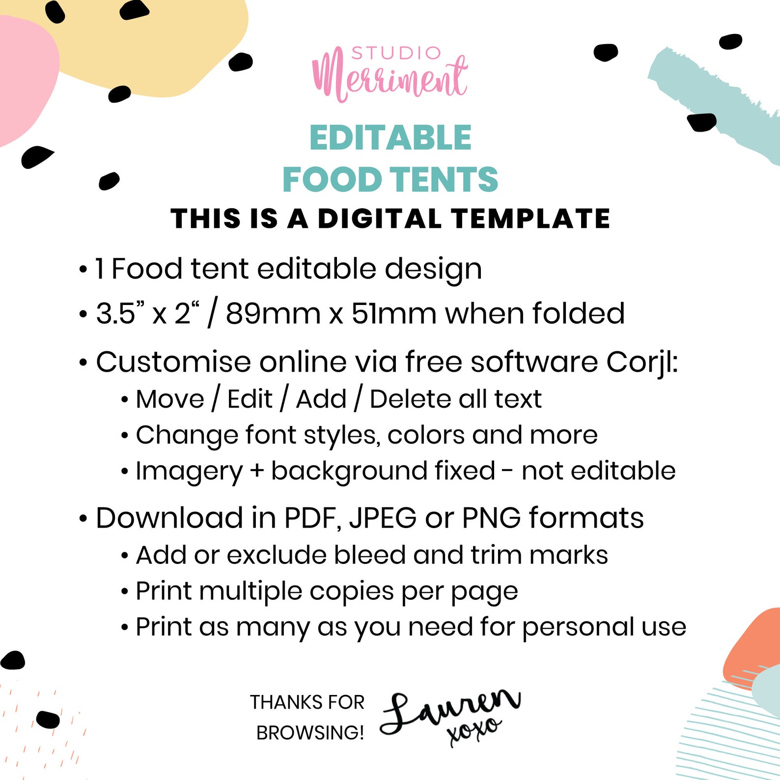 Rainbow Confetti Food Tents, Editable Printable Table Sign Place Card ...