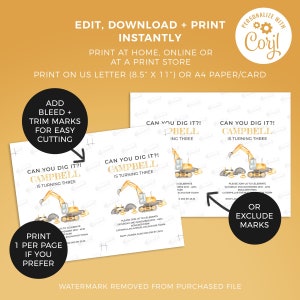 Digger Invitation Boys Construction Birthday Party Theme | Excavator ...