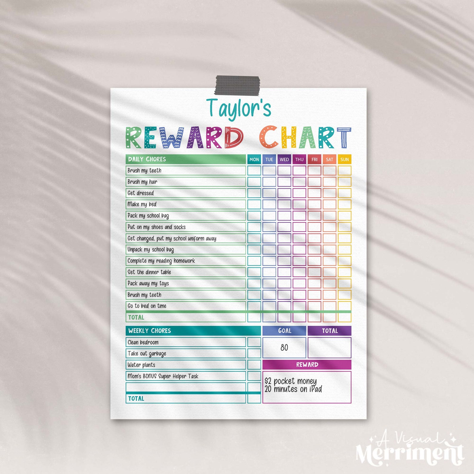 Rainbow Reward Chart for Kids, Editable Printable Daily Weekly ...