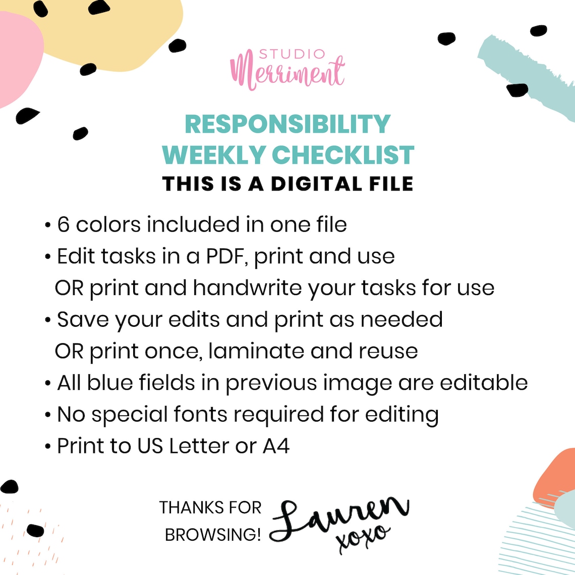 Responsibility Chore Chart for Kids, Editable Printable Weekly Routine ...