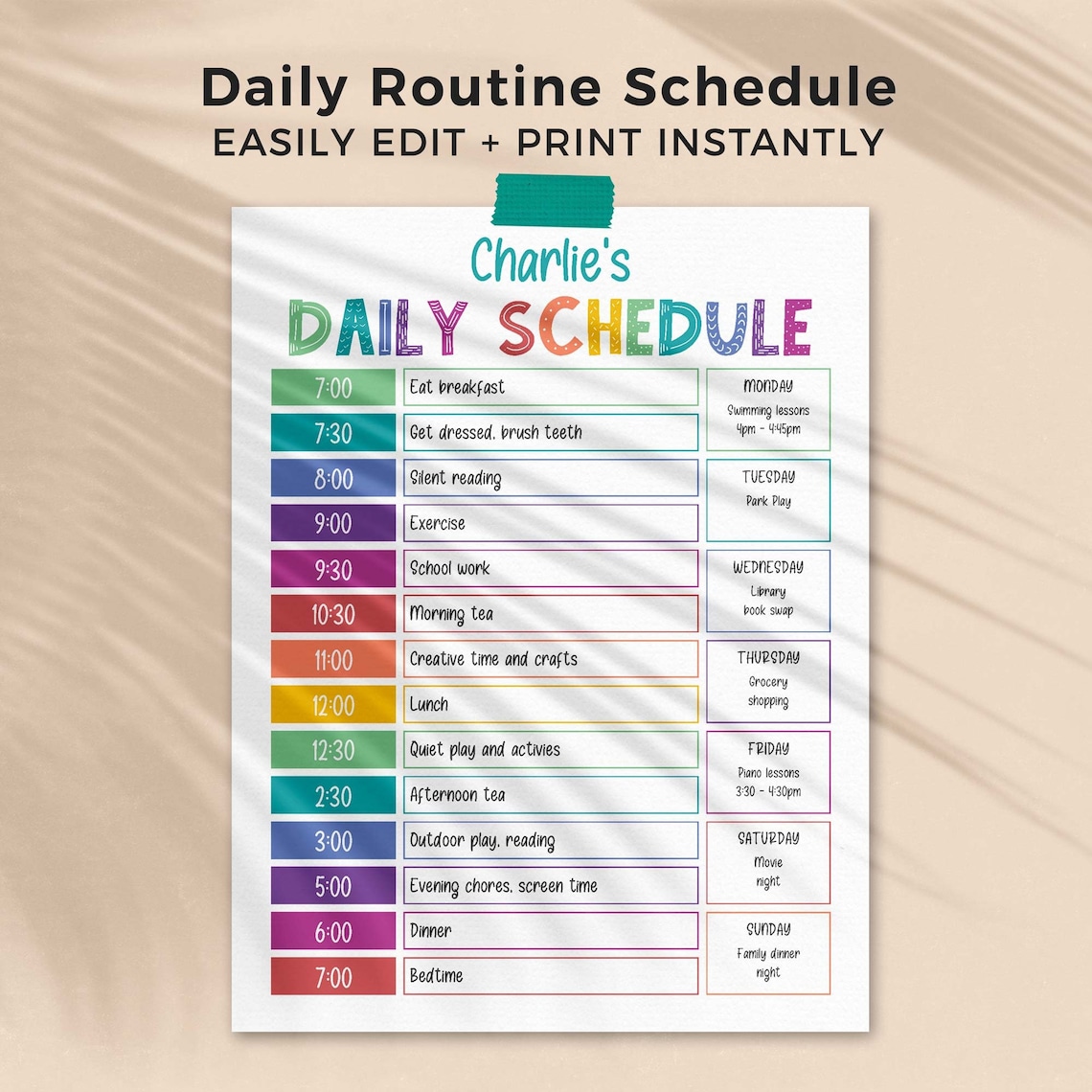 Rainbow Daily Schedule Chart for Kids, Editable Printable Daily Weekly ...
