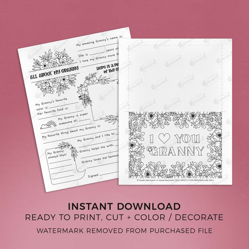 Love You Granny Printable Coloring Grandmother Card All - Etsy