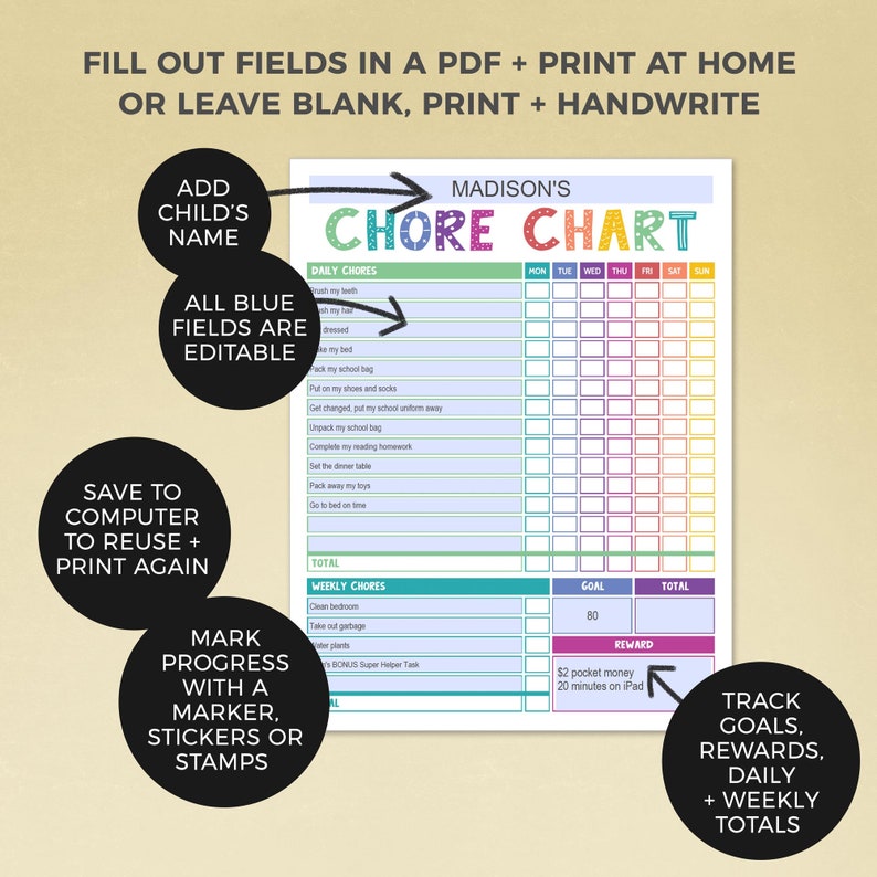Rainbow Chore Chart for Kids Editable Printable Daily - Etsy