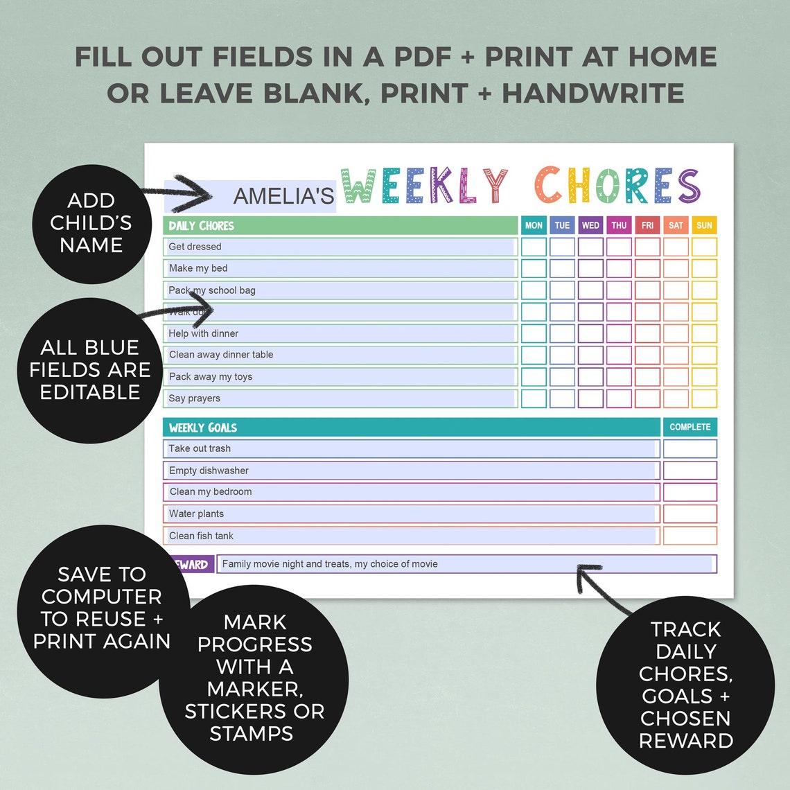 Rainbow Chore Chart for Kids, Editable Printable | Weekly Daily ...