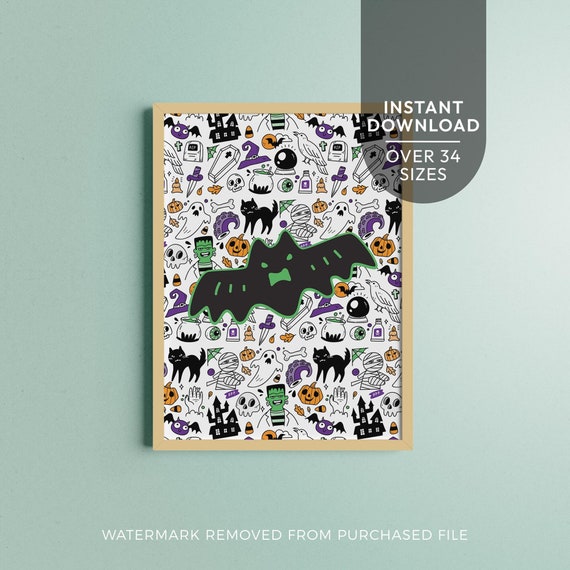 Halloween Wall Art printable, cute bat pattern | Spooky kawaii cartoon ...
