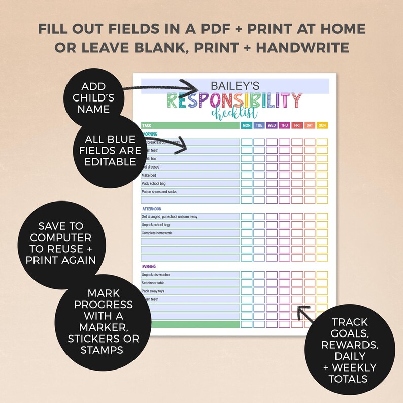Rainbow Responsibility Checklist for Kids Editable Printable - Etsy