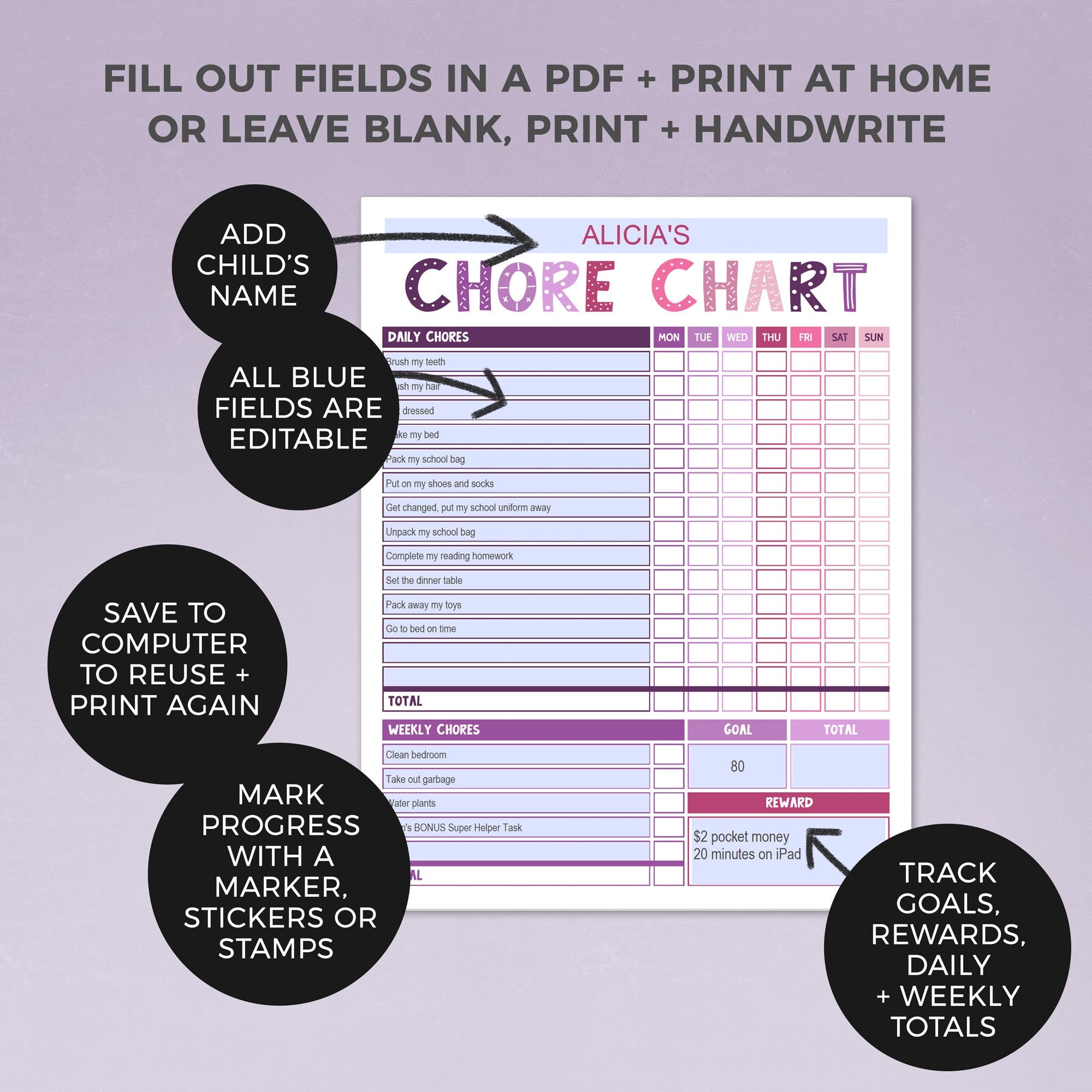 Purple Pink Chore Chart for Kids Editable Printable | Girls Daily ...