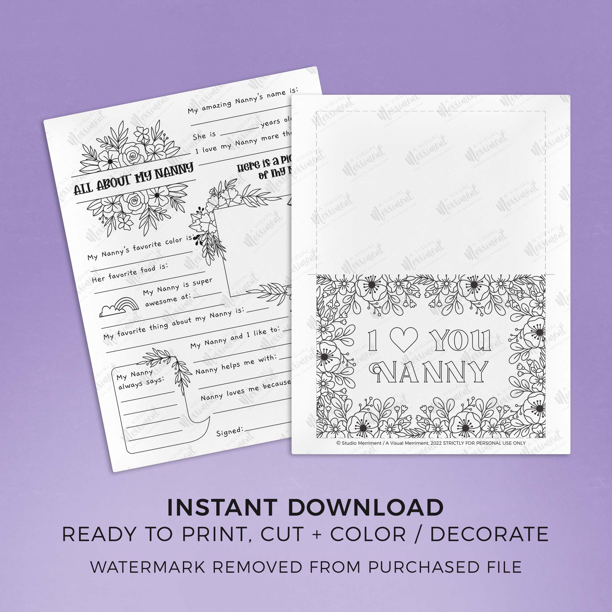 Love You Nanny Printable Coloring Grandmother Card All About - Etsy