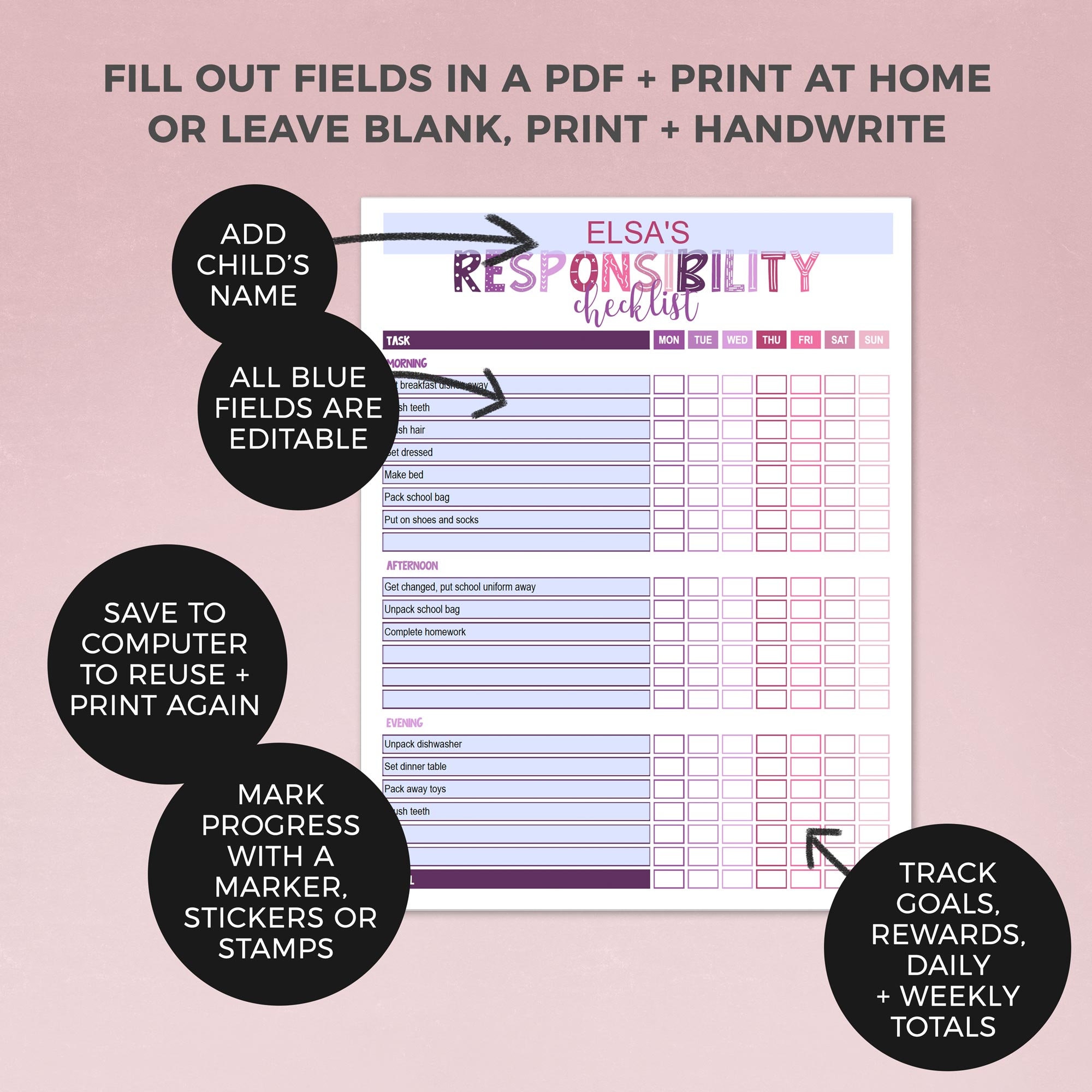Purple Pink Responsibility Checklist for Kids, Editable Printable Girls ...