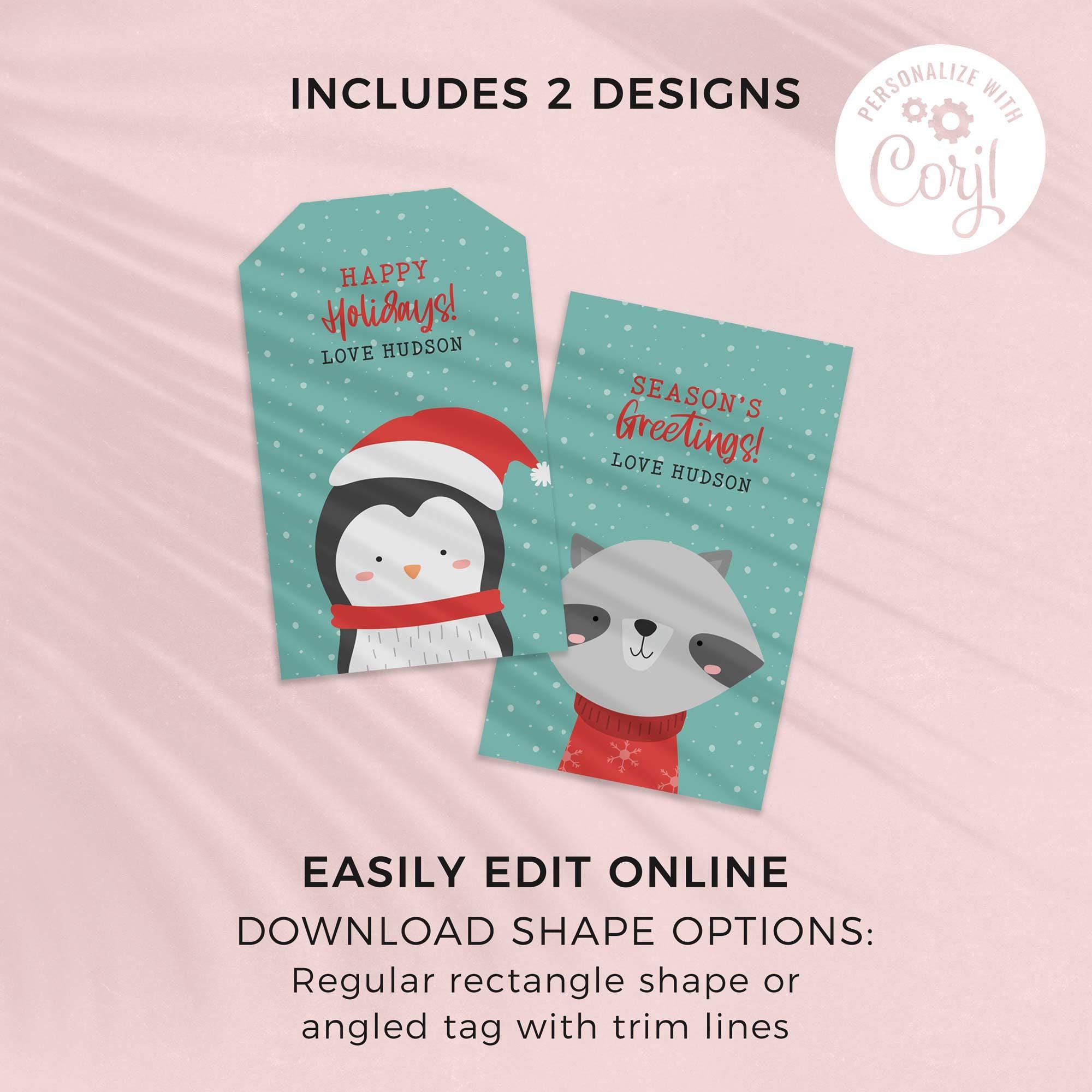Editable Christmas Gift Tag Printable Bundle X2, Cute Penguin + Raccoon ...