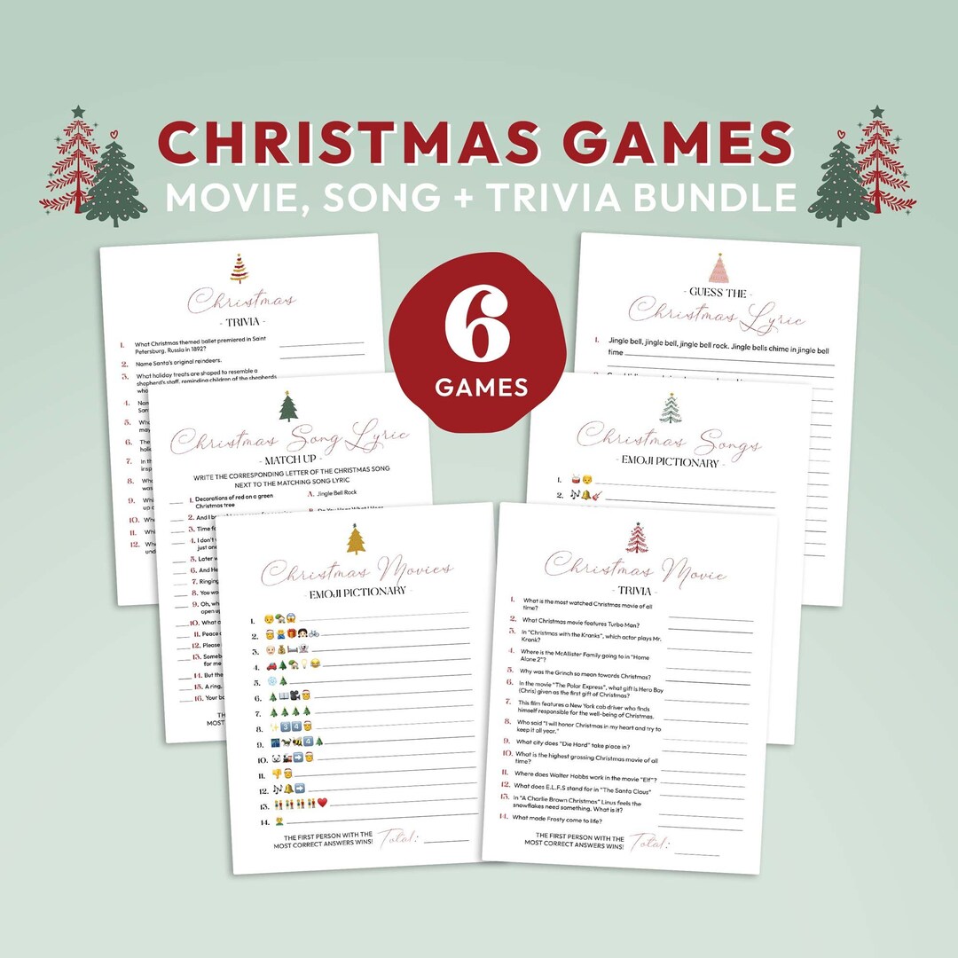 6 Printable Christmas Games Bundle, Movies, Songs + Trivia | Christmas ...