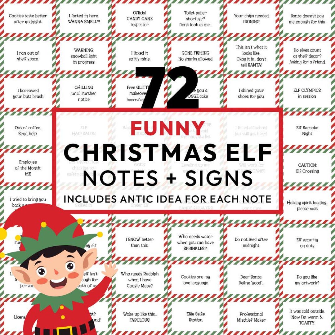 Christmas Elf Note Card Bundle | 72 Funny Elf Ideas Printable Photo ...