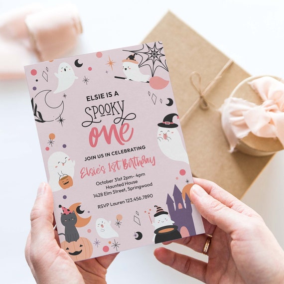 First Birthday Halloween Invitation, pink ghost editable printable ...