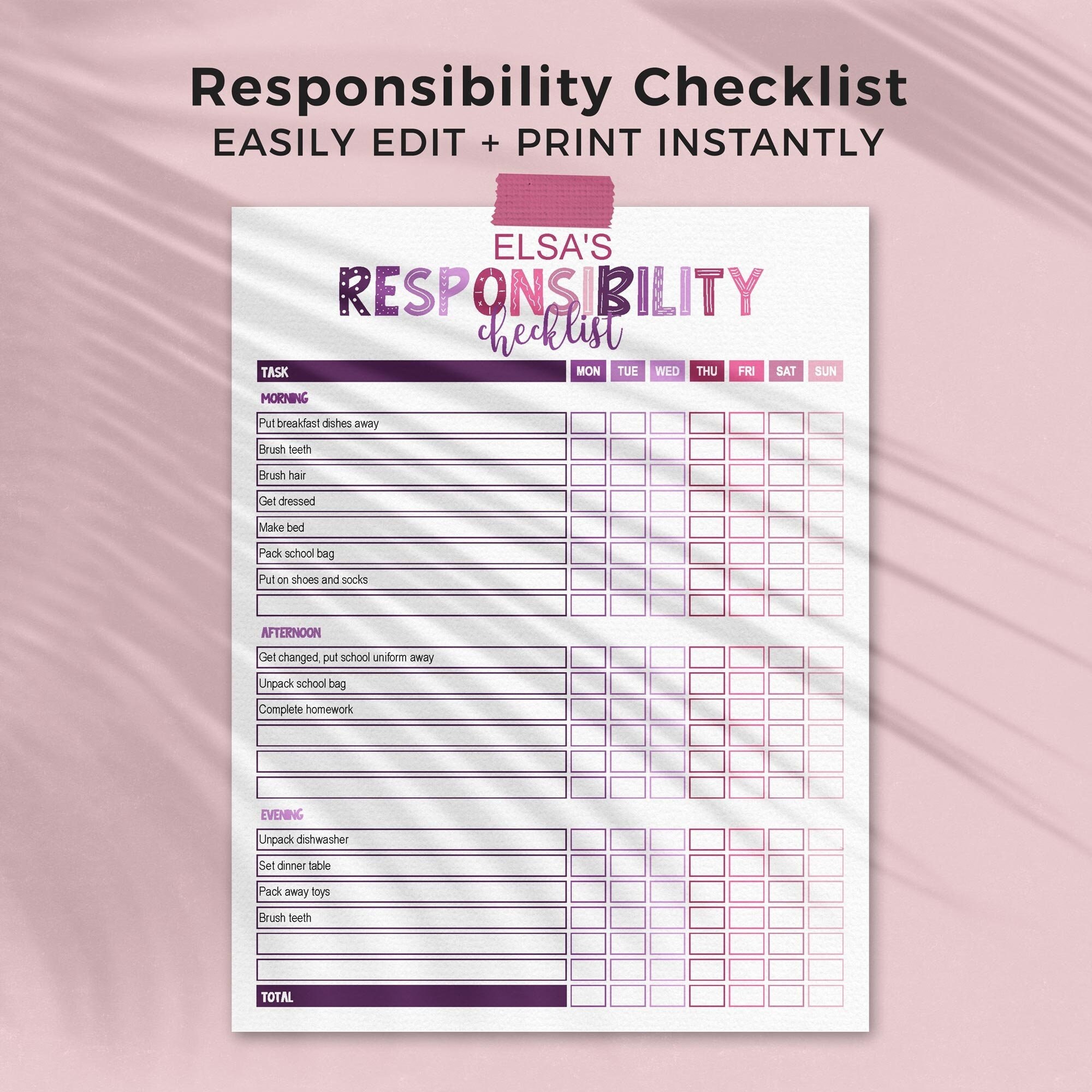 Purple Pink Responsibility Checklist for Kids, Editable Printable Girls ...