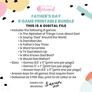 Printable Fathers Day Games Bundle X8: Kids, Teen, Adult and Family Fun ...