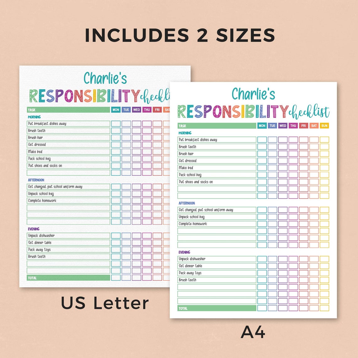 Rainbow Responsibility Checklist for Kids, Editable Printable | Daily ...