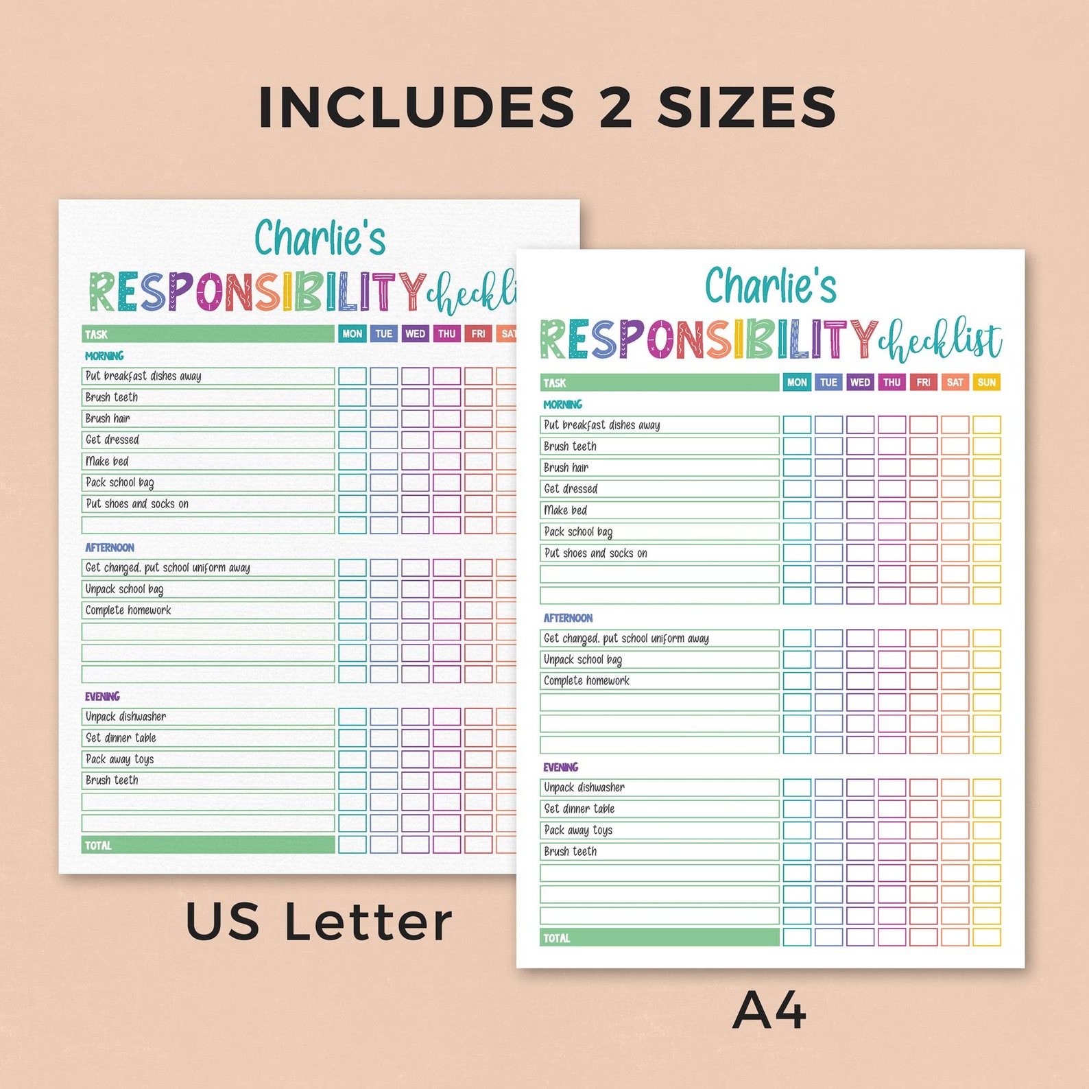 Rainbow Responsibility Checklist for Kids, Editable Printable | Daily ...