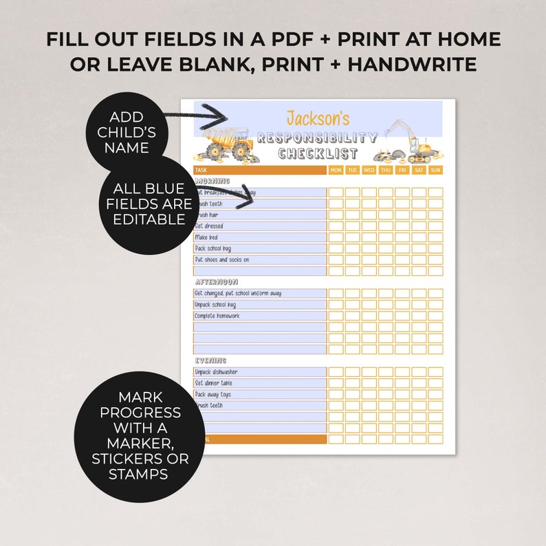 Construction Responsibility Checklist for Kids, Editable Printable ...