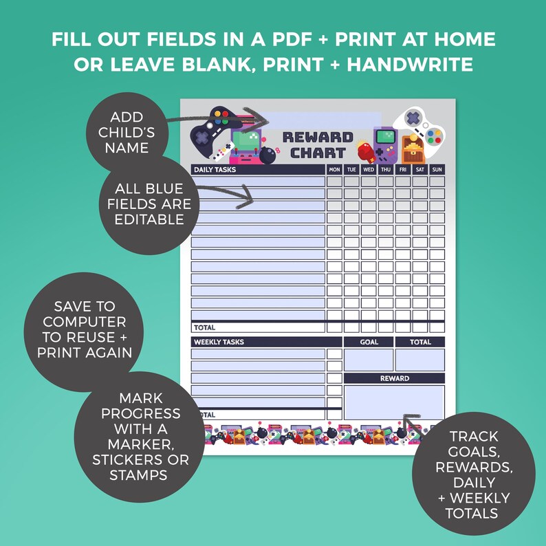 Gamer Reward Chart for Kids, Editable Printable | Video Game Daily ...
