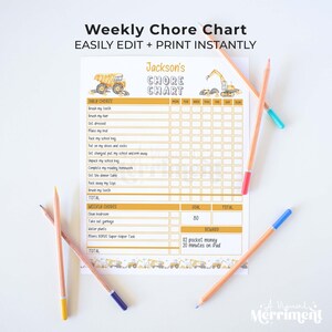 Construction Chore Chart for Kids, Editable Printable | Daily + Weekly ...