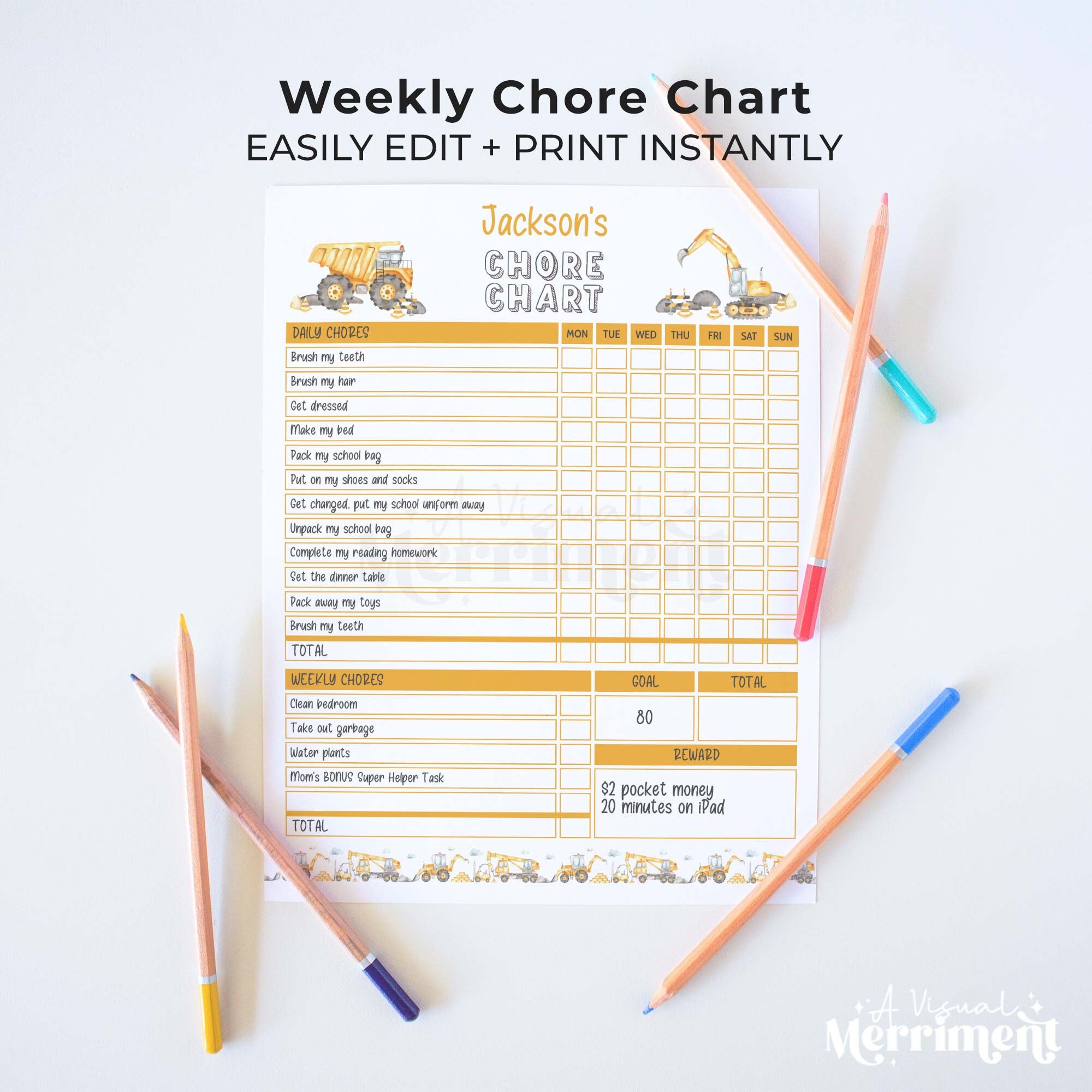 Construction Chore Chart for Kids, Editable Printable | Daily + Weekly ...