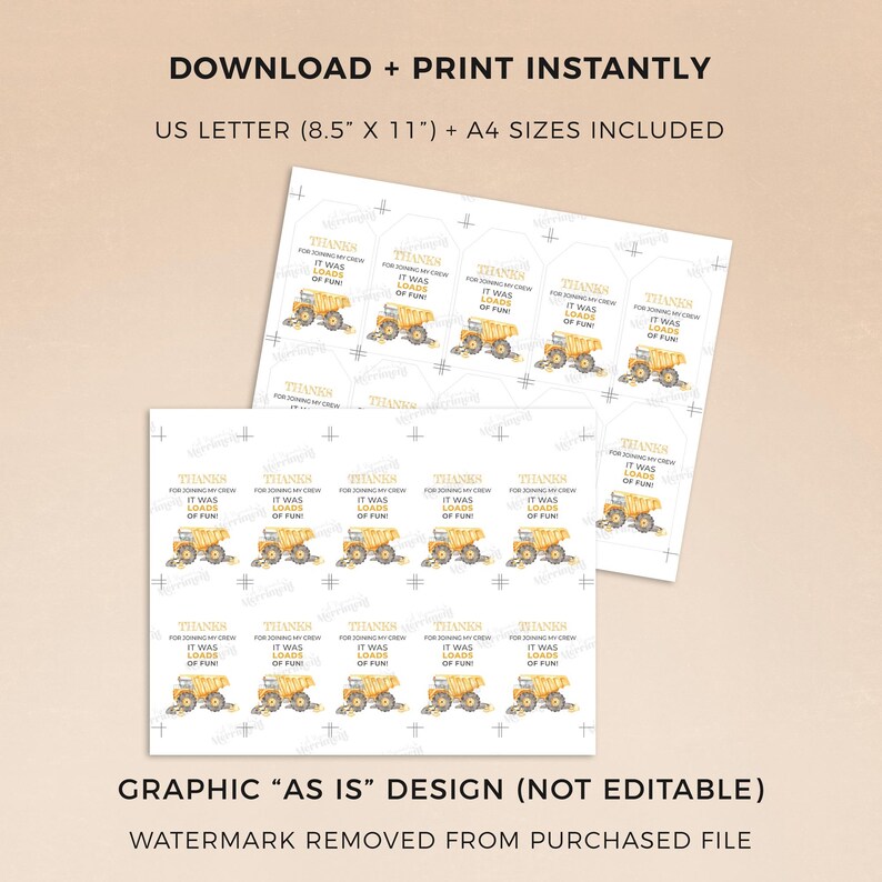 Construction Party Thank You Tag Dump Truck Loads of Fun Boys Birthday ...