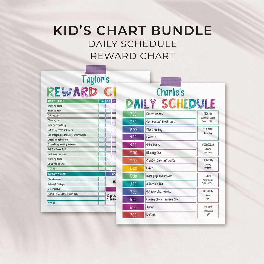 Rainbow Editable Chart Bundle for Kids, Daily Schedule + Reward Chart ...