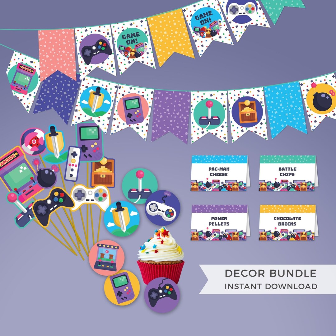 Gamer Party Editable Decor Bundle | Retro Arcade Video Gaming Birthday ...