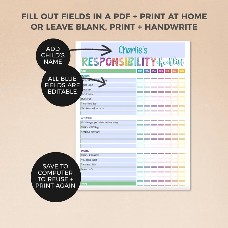 Rainbow Editable Chart Bundle for Kids, Daily Schedule Responsibility ...