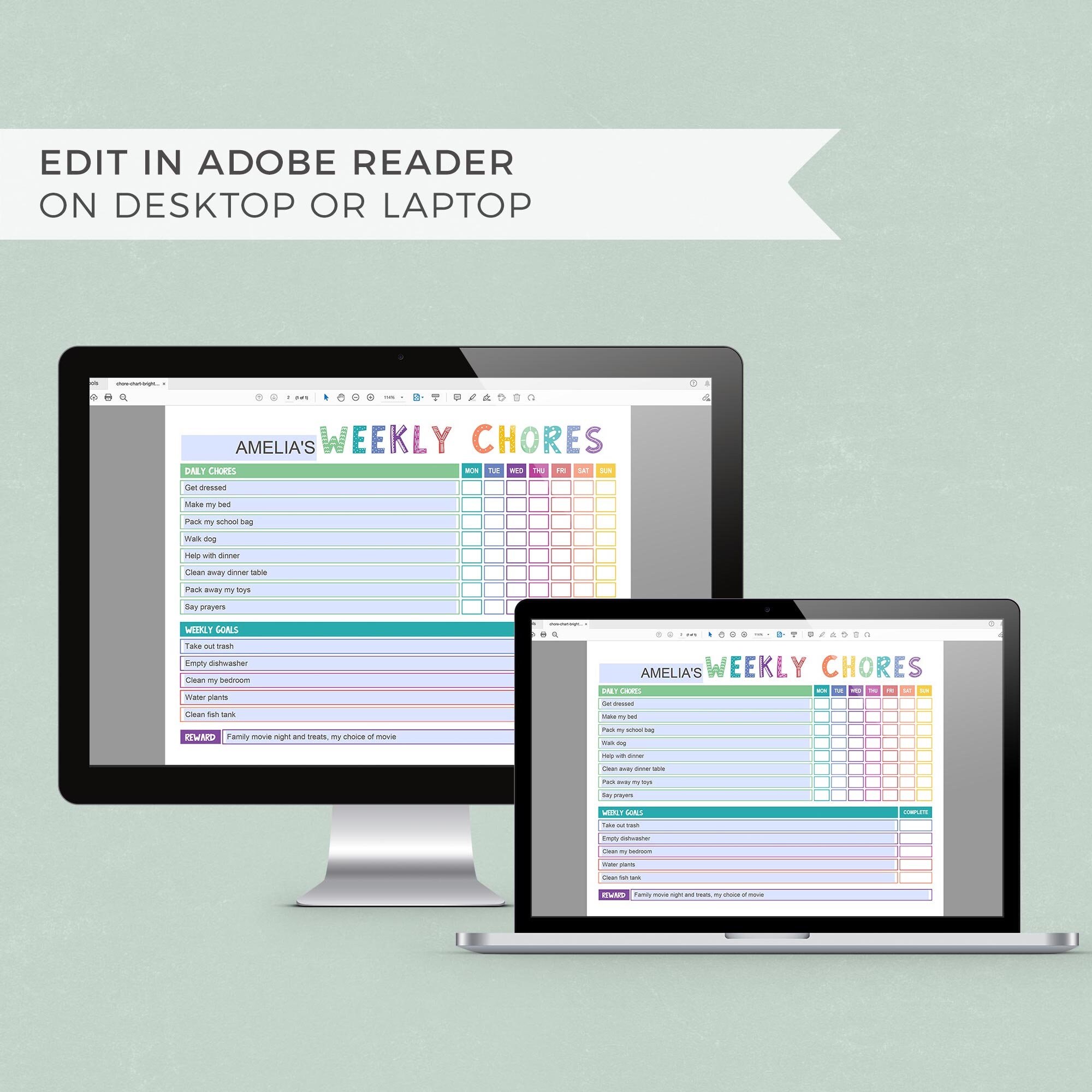 Rainbow Chore Chart for Kids, Editable Printable | Weekly Daily ...