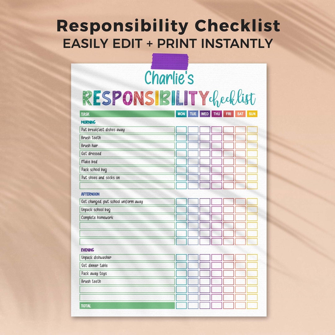 Rainbow Responsibility Checklist for Kids, Editable Printable Daily ...