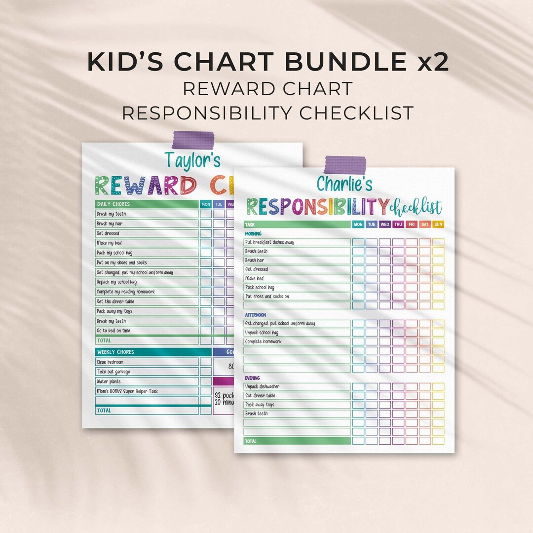 Rainbow Editable Chart Bundle for Kids, Reward Chart + Responsibility ...