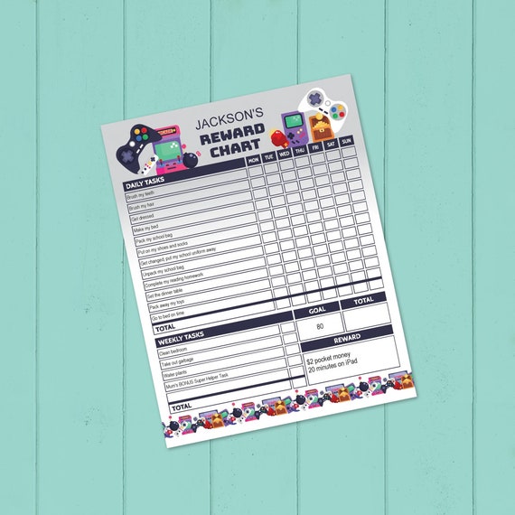 Gamer Reward Chart for Kids, editable printable | Video game daily ...