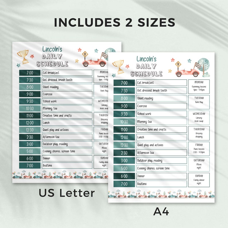 Vintage Race Car Daily Schedule Chart for Kids, Editable Printable ...