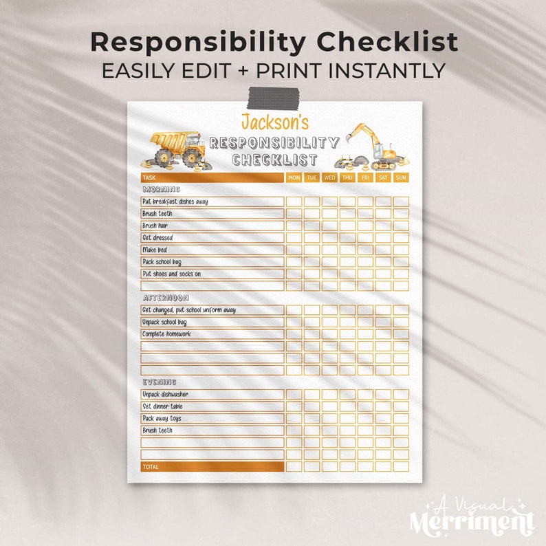 Construction Responsibility Checklist for Kids, Editable Printable ...
