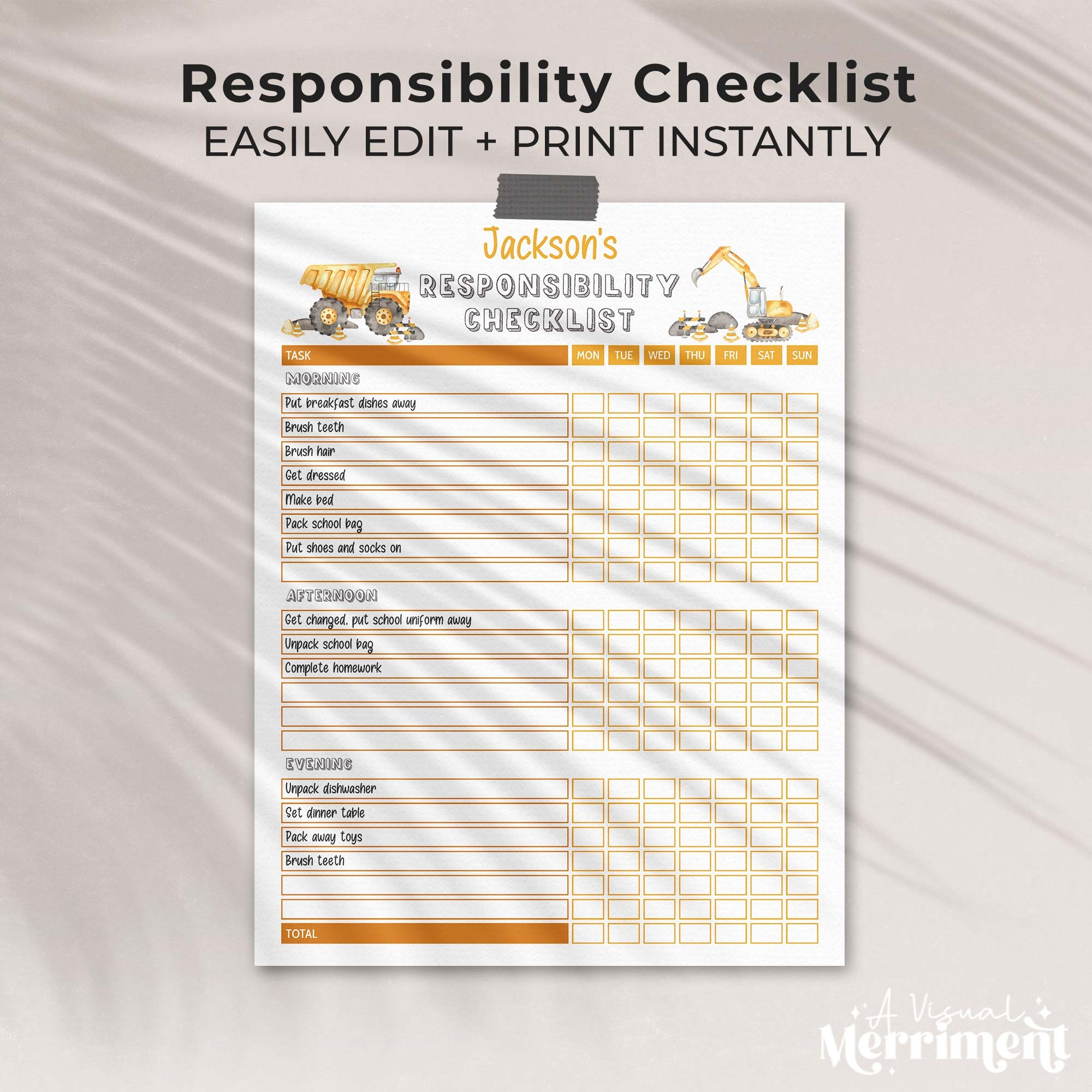 Construction Responsibility Checklist for Kids, Editable Printable ...