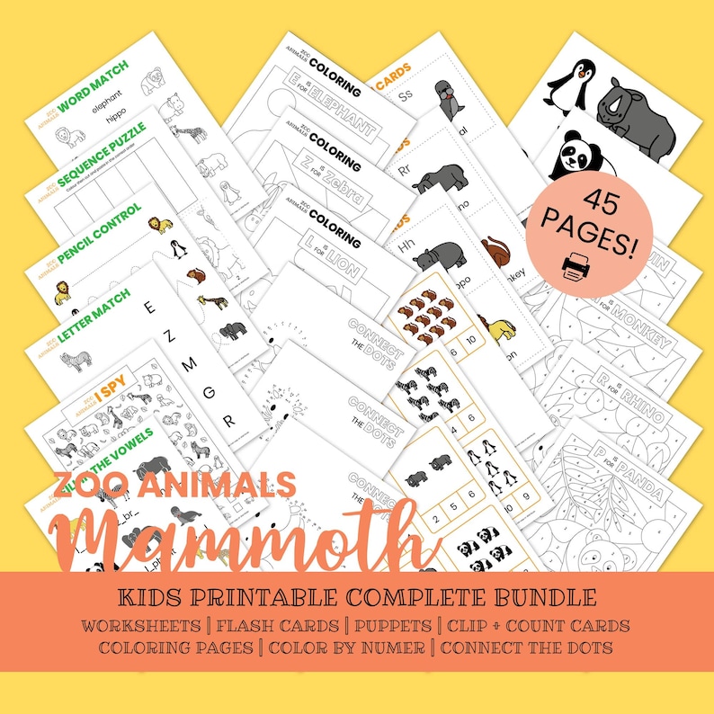 Kids Zoo Animals COMPLETE BUNDLE 45 Pg: Flash Cards, Puppets, Counting ...