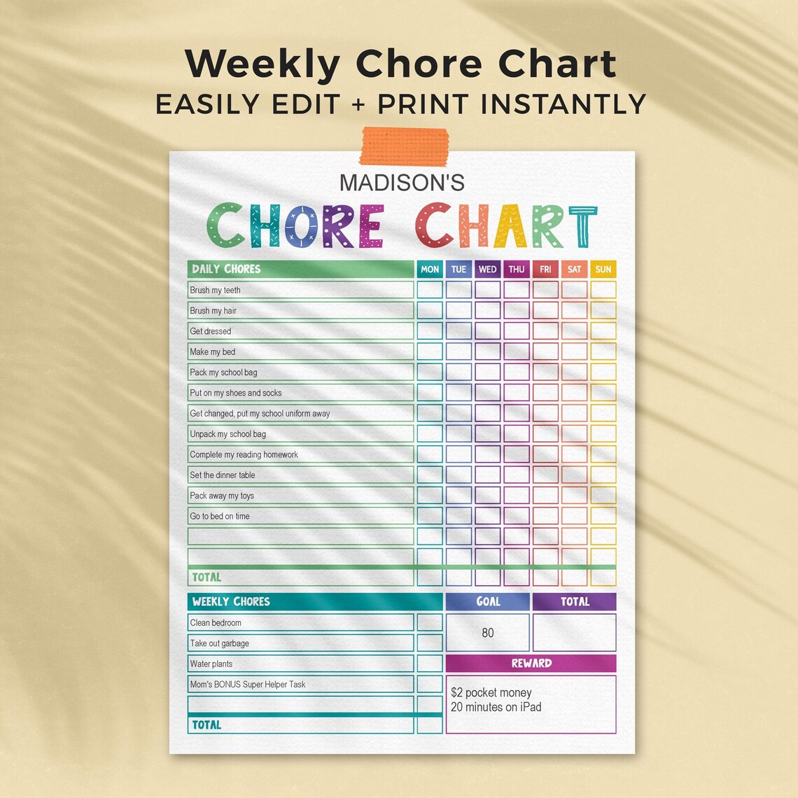 Rainbow Chore Chart for Kids Editable Printable Daily - Etsy
