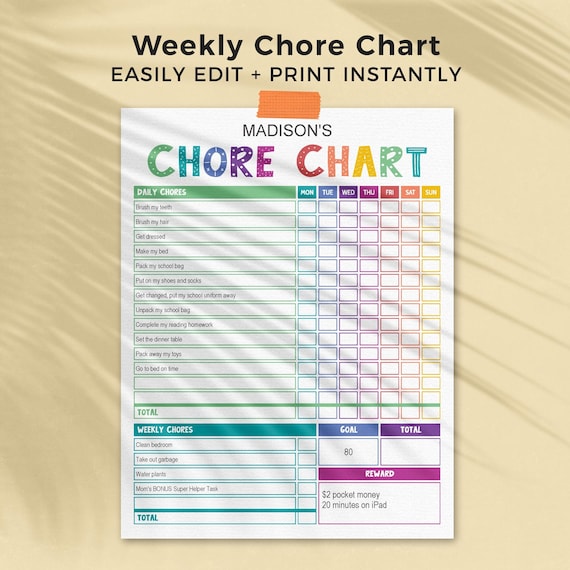 Rainbow Chore Chart for Kids, editable printable | Daily + Weekly ...