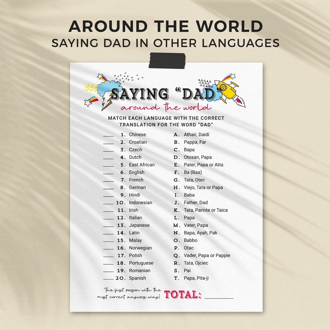 Fathers Day Game, Around the World Printable Saying Dad in Different ...