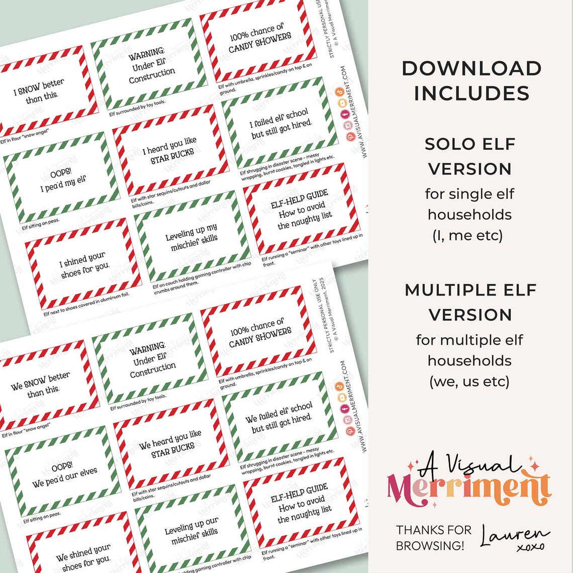 Christmas Elf Note Card Bundle | 72 Funny Elf Ideas Printable Photo ...