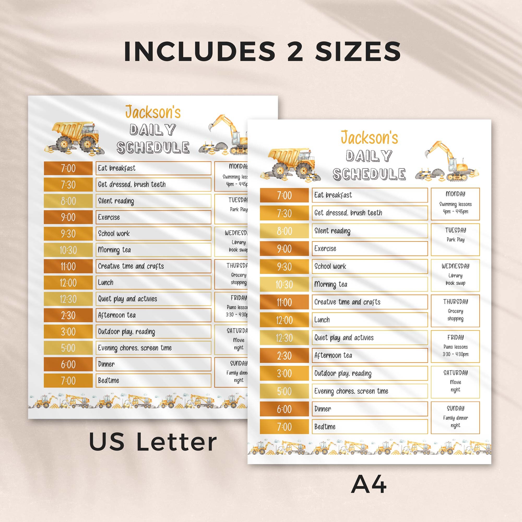 Construction Daily Schedule Chart for Kids, Editable Printable Daily ...
