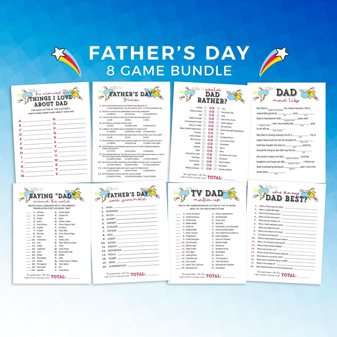 Printable Fathers Day Games Bundle X8: Kids Teen Adult and - Etsy