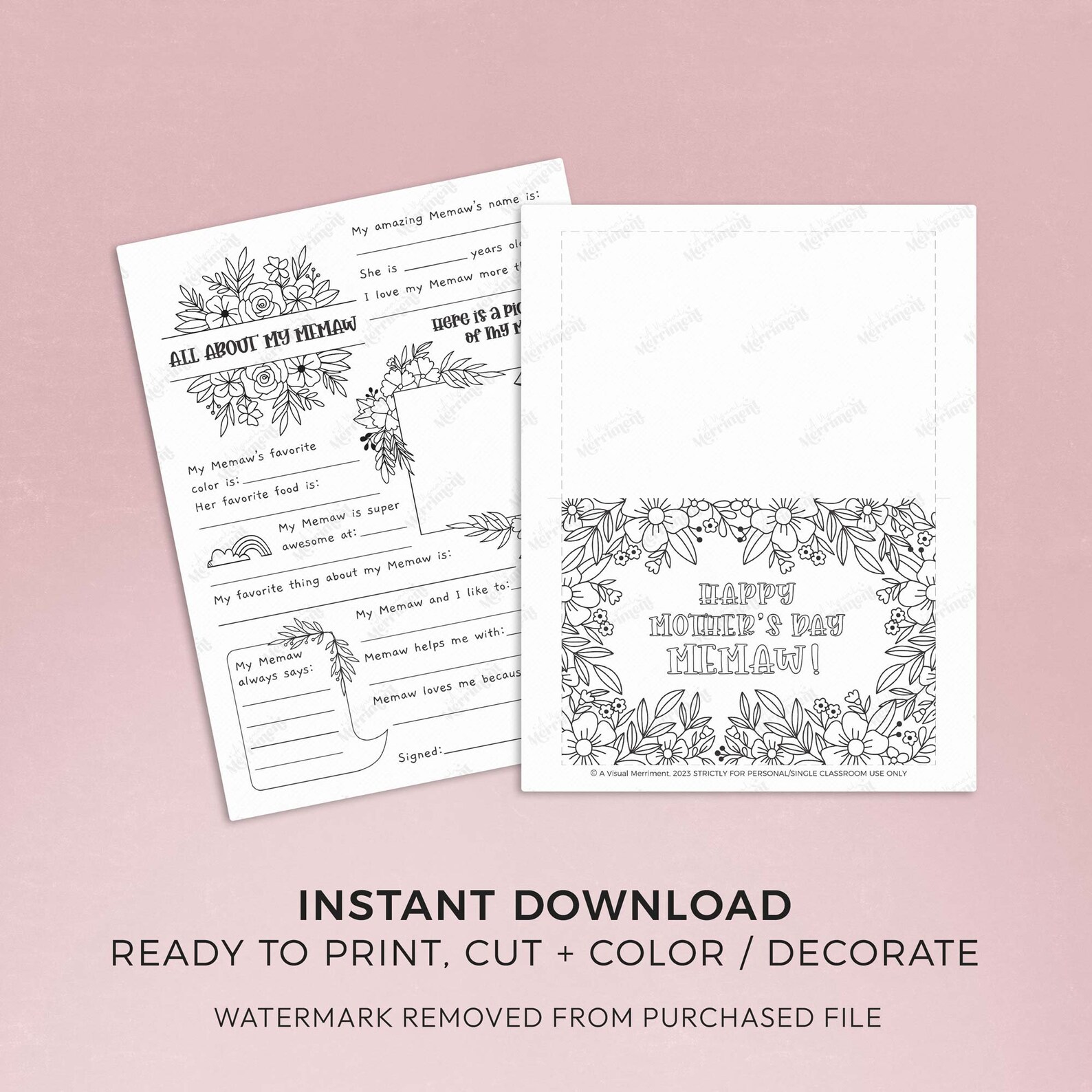 Printable Coloring Grandmother Card + All About Memaw Bundle | Happy ...