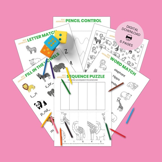 Kids Zoo Animals WORKSHEETS | I Spy, Sequence Puzzle, Word + Letter ...